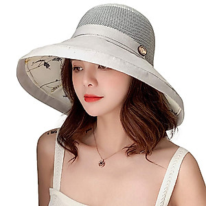 Women Mesh Sun Hats Summer Beach UV Protection UPF Packable Wide Brim Chin Strap (Grey)