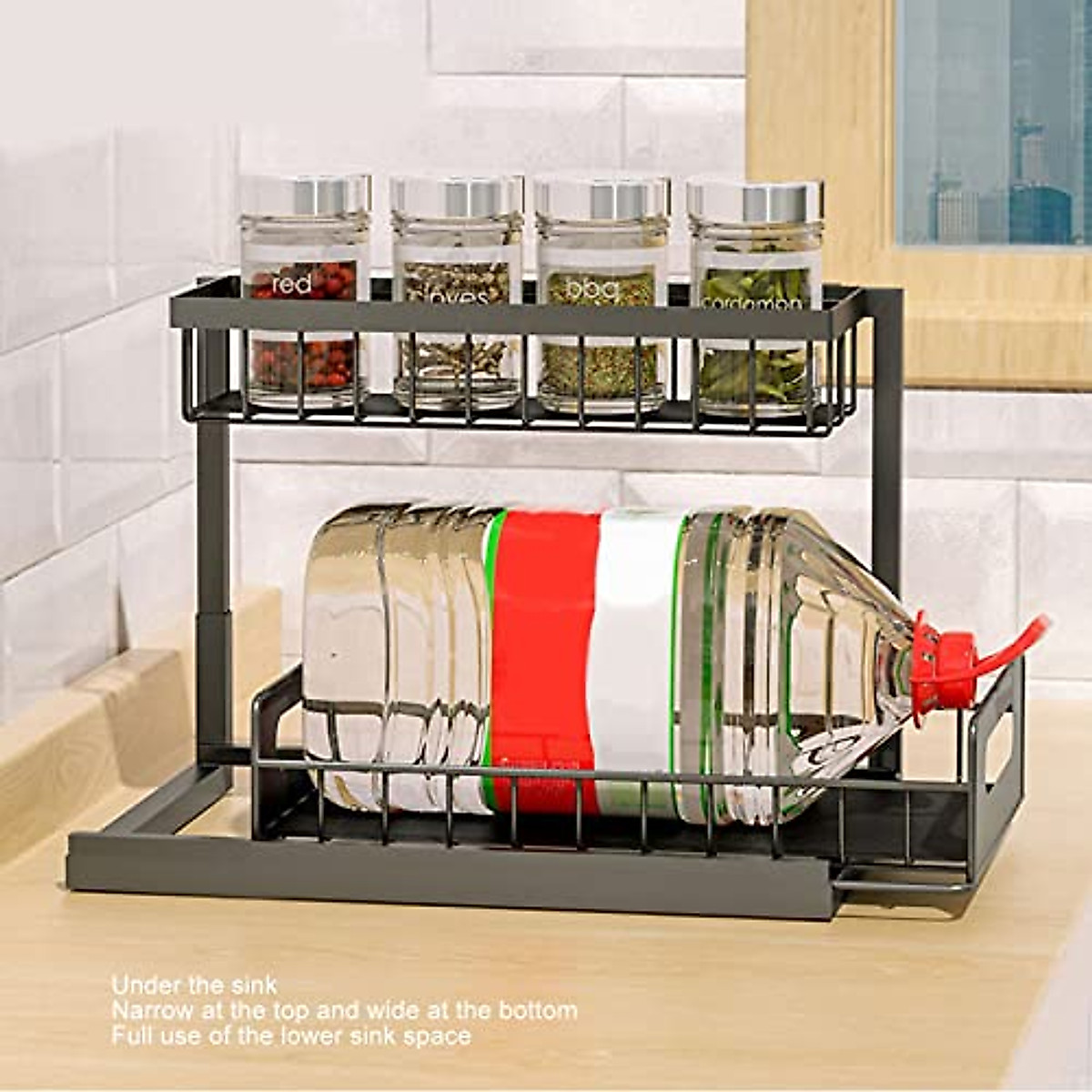 Miskall Under Sink Organizer L Shape 2 Tier Slide Out Sink Shelf for Under Kitchen Bathroom Sink Organizers and Storage Cabinet Organizer Black