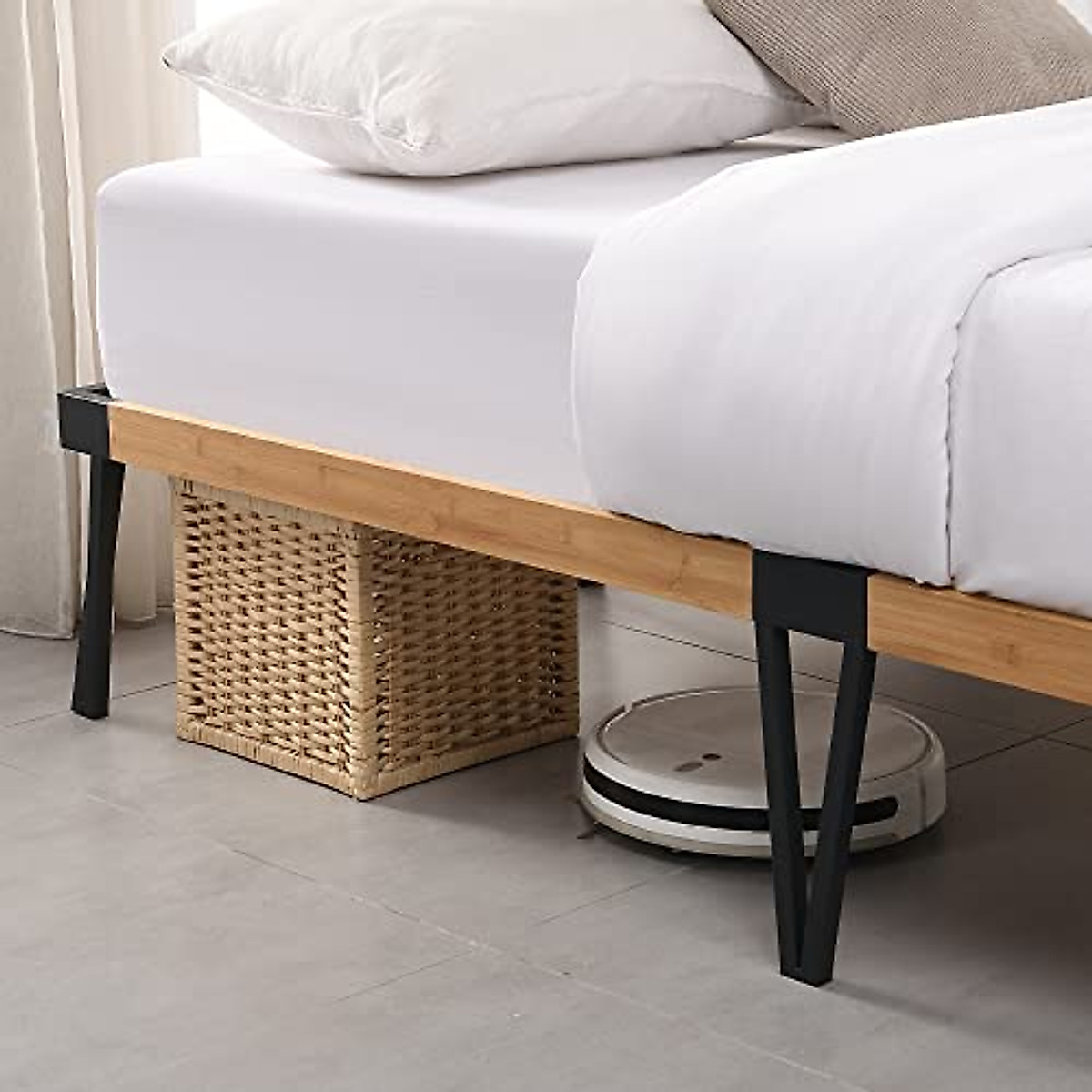 HW COMFORT 14 Inch King Size Solid Bamboo and Metal Platform Bed Frame with Bamboo Headboard/Easy Assembly, Natural & Black