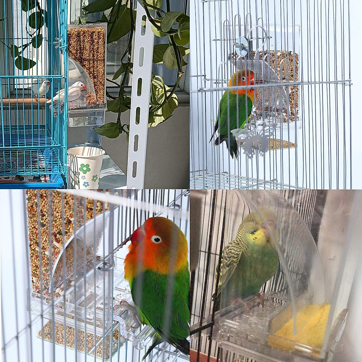 Hamiledyi No Mess Bird Cage Feeder Automatic Parrot Seed Feeders with Perch Acrylic Transparent Seed Food Container Cage Accessories for Small and Medium Parakeets Lovebirds