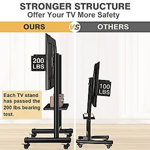 TVON Heavy Duty Mobile TV Cart for 50-92 Inch Large TVs up to 200 Lbs, Height Adjustable Rolling TV Stand with Shelf, Upgraded Floor TV Stand with Silent Wheels for Living Room, Office, Trade Show