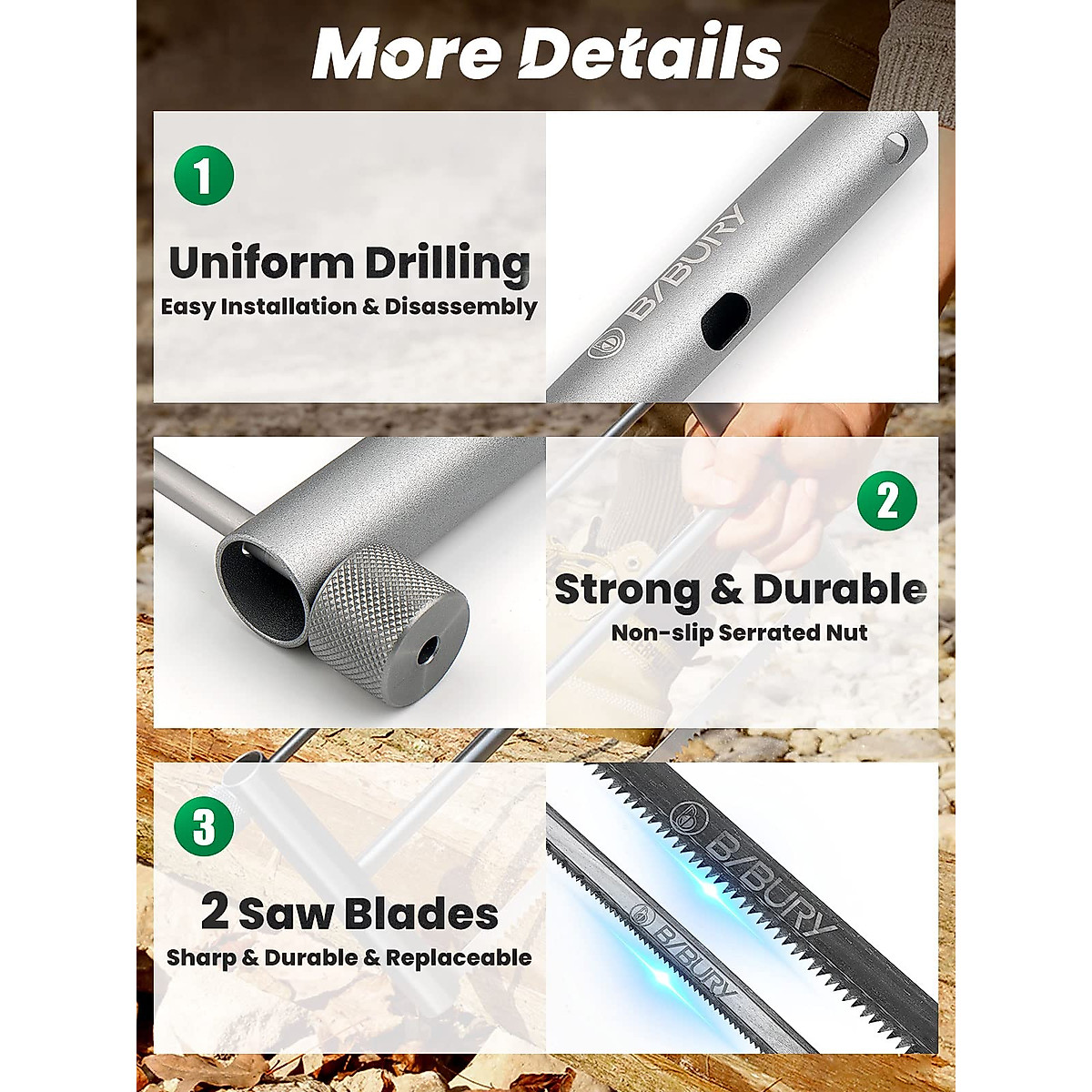 BIBURY Folding Hand Saw Outdoor Survival Tools, Portable Folding Wood Saw with 2pcs Replaceable 12.4” Blade & Buckle Cloth Bag, Aluminium Alloy Camping Pruning Tree Hand Saw for Gardening