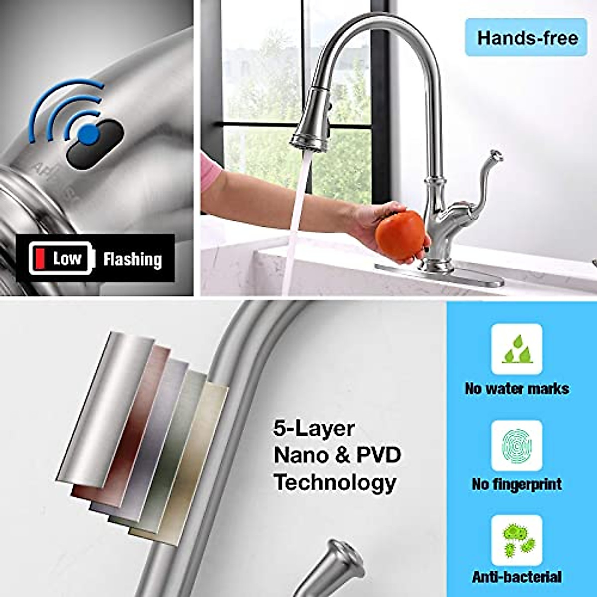 APPASO Touchless Kitchen Faucet, Motion Sensing Activated Hands-Free Kitchen Faucet with Pull Down Sprayer, Single Handle Smart Hands-free Stainless Steel Brushed Nickel, Easy to Install & Spot Resist