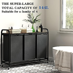 Lineware Laundry Hamper, Laundry Basket 3 Section, 3 × 12.7 Gal (144L), Laundry Sorter with Top Shelf, Upgrade larger Rolling Laundry Basket with 3 Pull-Out Organizer Bags and Wheels (B-BLACK)