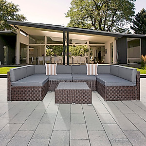 7 Piece Outdoor Patio Furniture Set with Cushions, PE Rattan Wicker Modular Outdoor Sectional L Shape Patio Conversation Sofa Set with Coffee Table, and Two Pillows (Dark Brown/Gray)