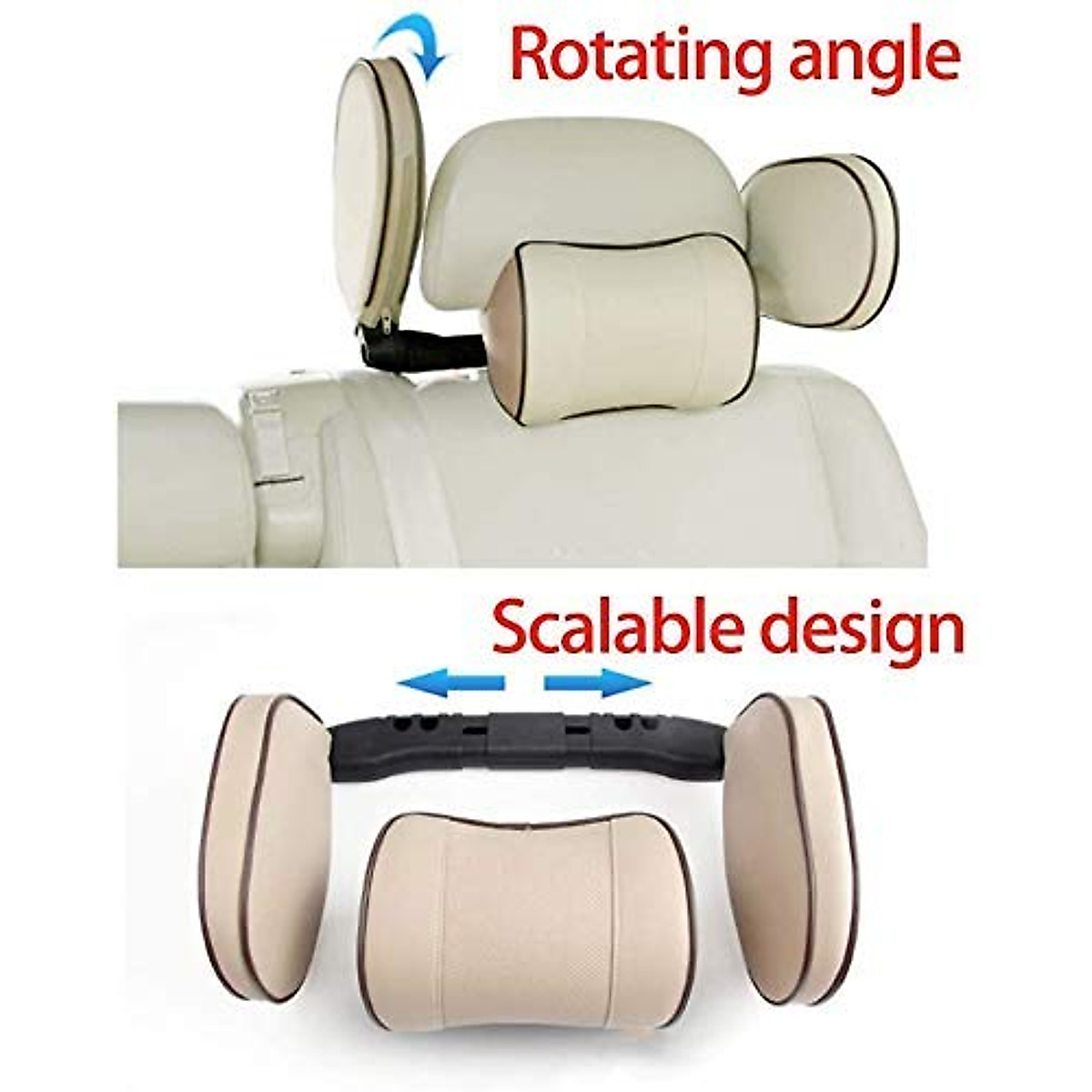 Car Seat Headrest Pillow, Support Neck Pillow Head Protection Cervical Spine Adjustable on Both Sides Telescopic Version PU Leather Universal for Kids Adults Travel(Beige)