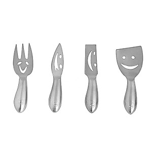 NewlineNY Stainless Steel 4 Pieces Smiling Faces Cheese Knife Set: Hard and Soft Cheese Knives, Serving Fork & Cheese Spreader