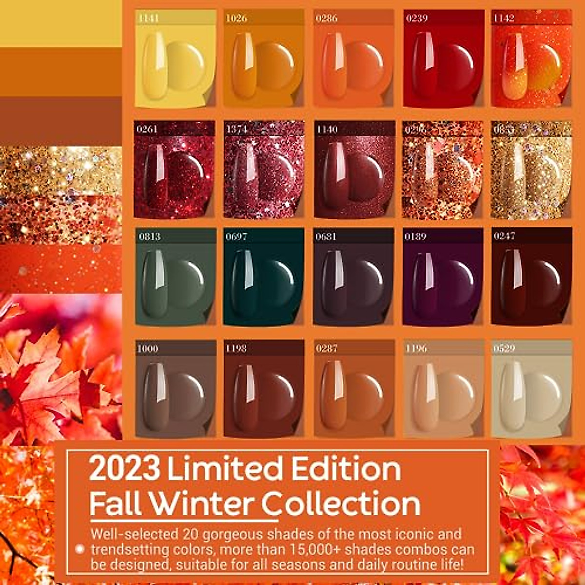 modelones 20 Colors Gel Nail Polish Kit- Fall Winter 24 Pcs Gold Orange Gel Polish Set Yellow Brown Soak Off Nail Polish Kit with Bond Primer Glossy& Matte Top Base Coat DIY Nail Art