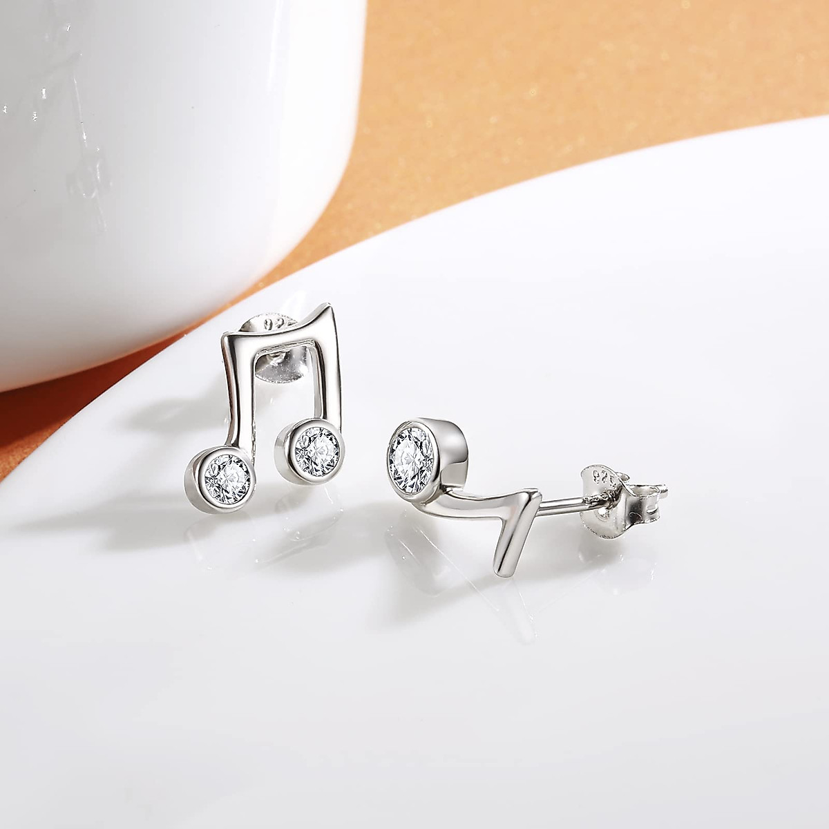 925 Sterling Silver Music Note Stud Earrings with Cubic Zirconia Asymmetry Musical Theme Jewelry for Women Gifts for Music Lover (style1)