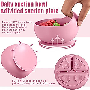 Gejoy 10 Pack Silicone Baby Feeding Set, Toddlers Led Weaning Feeding Supplies with Suction Baby Bowl Divided Plate Adjustable Bib Silicone Spoon Fork, Infant Self Eating Utensil Set (Pink, Purple)