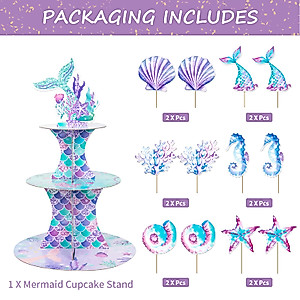 OPUHOHR 3 Tier Mermaid Cupcake Stand,Cupcake Tower with 12pcs Mermaid Theme Cake Topper, Dessert Tower Holder for Mermaid Theme Birthday Decoration Baby Shower Party Supplies