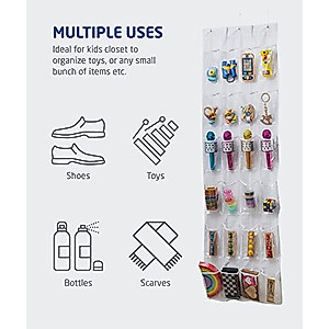 ZOBER Over The Door Shoe Organizer - 24 Breathable Pockets, Hanging Shoe Holder for Maximizing Shoe Storage, Accessories, Toiletries, Laundry Items. 64in x 18in (White, Clear)