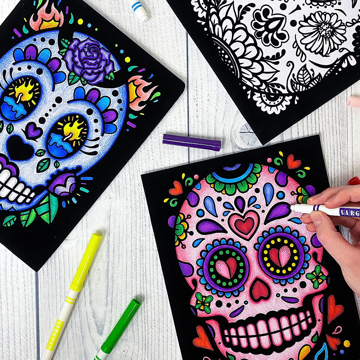 Stuff2Color Sugar Skulls Fuzzy Velvet Halloween Coloring Posters (Day of The Dead and Dia de Los Muertos) - 6 Pack - Great Halloween Arts and Craft Activity for Kids, Toddlers, Teens and Adults