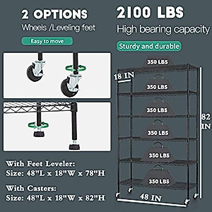 Metal Shelf 6 Tier Heavy Duty Storage Shelves Wire Shelving Unit with Wheels, NSF Standing Shelf Units,Wire Rack Height Adjustable Utility Commercial Grade Rolling Steel Rack,48" x 18" x 82",Black