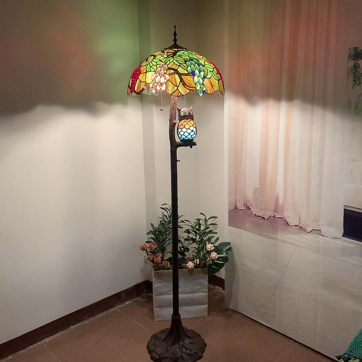 Bieye L10766 Grapes Tiffany Style Stained Glass Double-Lit Floor Lamp with Owl Night Light, 18" Wx65 H