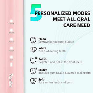 7AM2M Sonic Electric Toothbrush for Adults and Kids, Stocking Stuffers for Adults, with 6 Brush Heads, 5 Modes with 2 Minutes Build in Smart Timer, Roman Column Handle Design (Pink)
