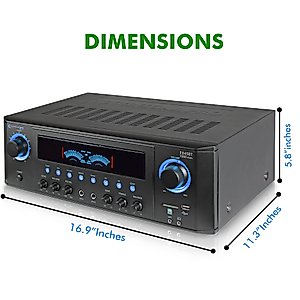 Technical Pro Professional 1000 Watts Receiver with USB SD Card Inputs, 2 Mic Inputs, Recorder, and Wireless Remote