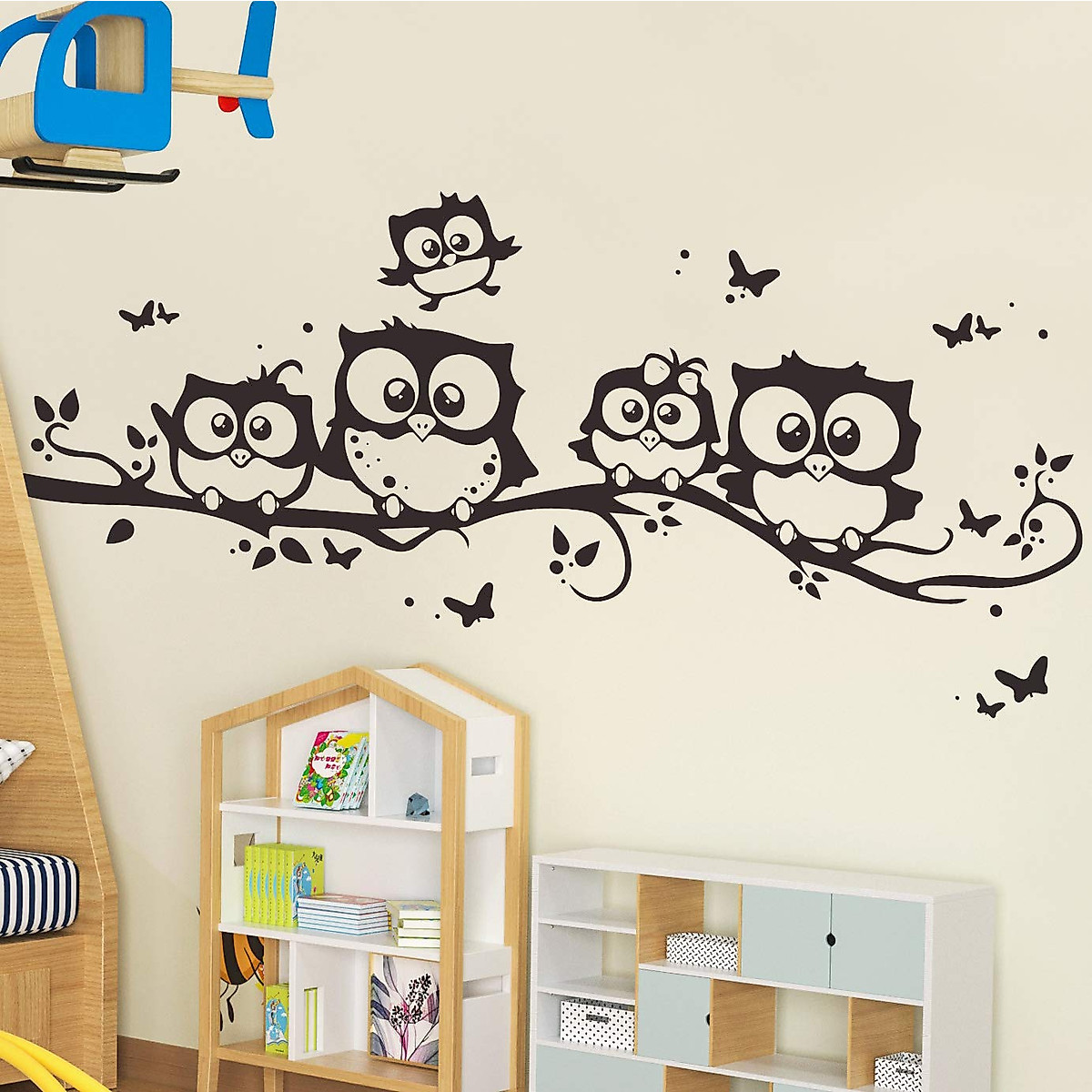 Family Owls On The Tree Branches Wall Decal Removable Cartoon Black Vinyl Owl Wall Art Decor Stickers for Babys Children Rooms Bedroom Living Room TV Background