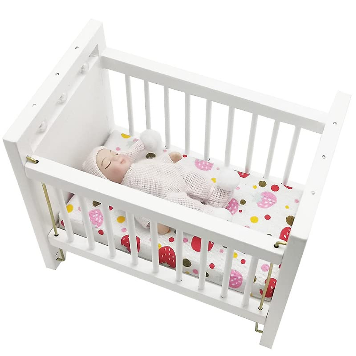 White Wooden Nursery Bedroom (5pcs) 1:12 Scale Dollhouse Furniture,Non-Toxic Paint