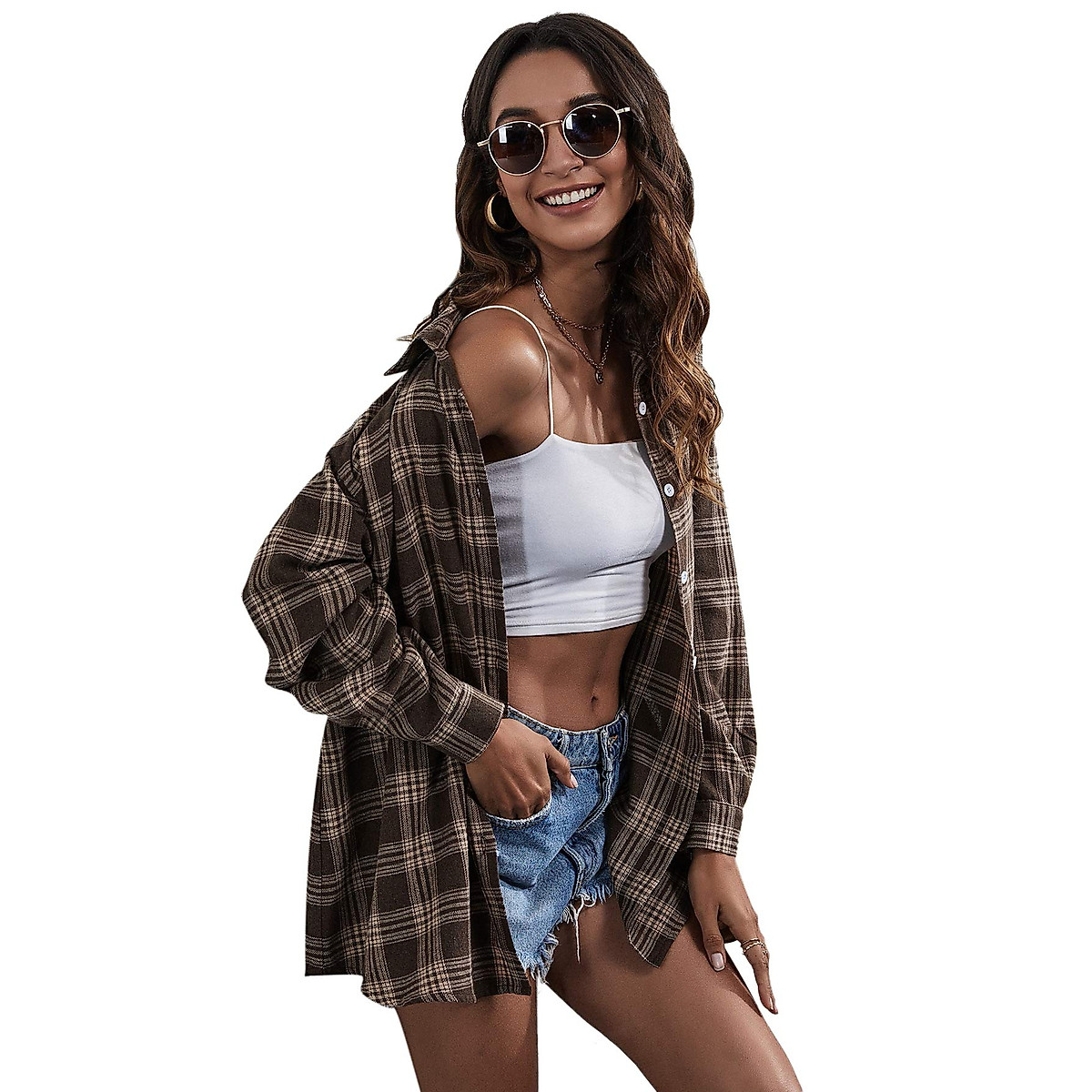 SweatyRocks Women's Long Sleeve Collar Long Button Down Plaid Shirt Blouse Tops Plaid Brown M