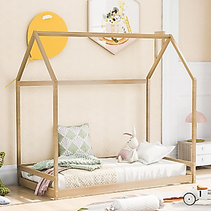 Harper & Bright Designs Montessori House Bed Twin for Kids, Toddler House Bed with Roof,Wood Floor Bed Frame for Girls Boys Bedroom Furniture, Box Spring Needed,Natural