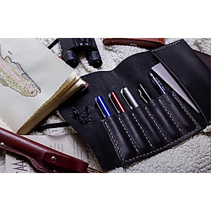 Alta Andina Leather Pen & Pencil Case | Vegetable Tanned Leather Roll Up | 5 Slots & Pouch for Pens, Brushes | Art, Stationary, & Makeup Organizer (Black – Noche)