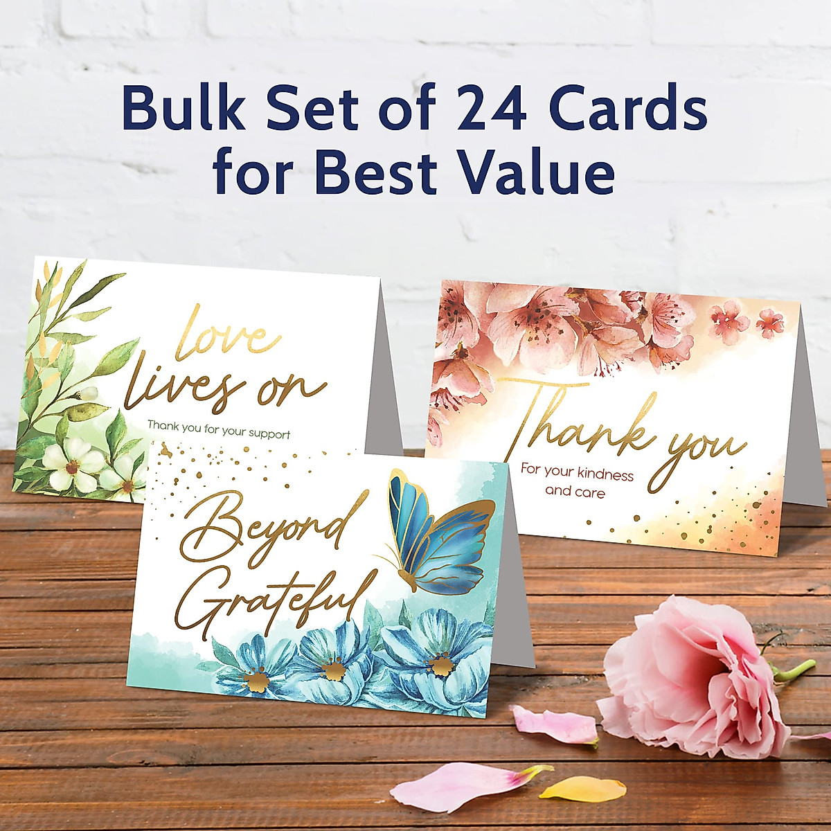 T MARIE 24 Gold Foil Funeral Thank You Cards With Message Inside - 4.5 x 6.25” Floral Bulk Sympathy Flower Thank You Cards with Words Inside - Bereavement Thank You Notes With Envelopes