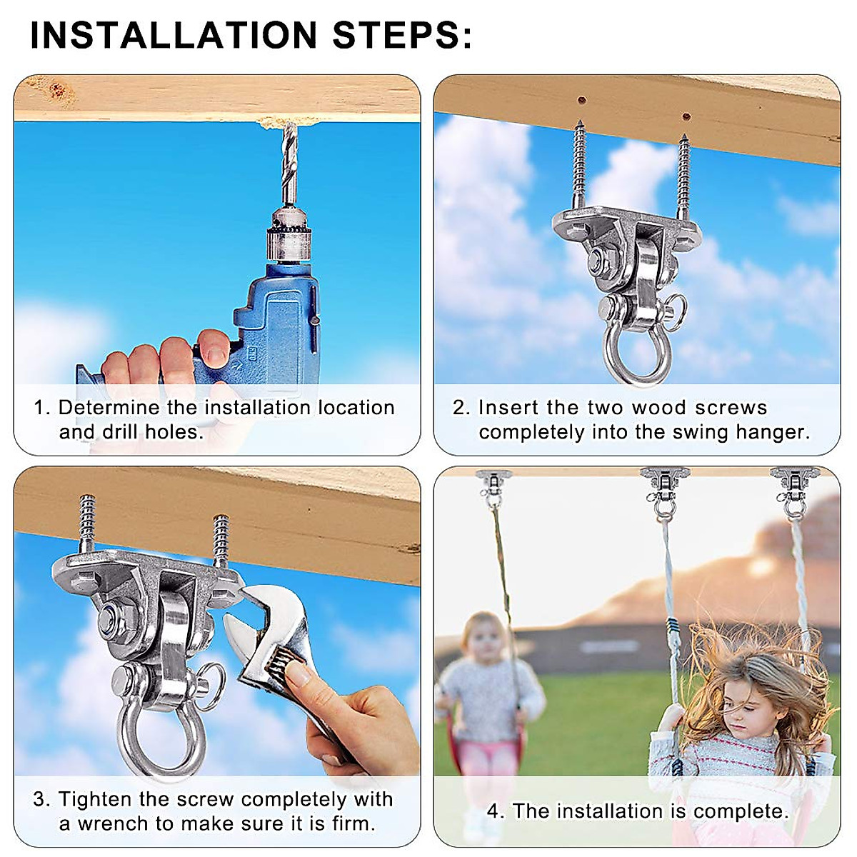 IOH 2 Pcs Heavy Duty Swing Hangers Stainless Steel 304 antirust【2000 lb Capacity】 180° Silent Swing, Playground Porch Yoga Seat Trapeze, Hammock Chair, Hanging Kit, Swing Set Indoor Outdoor