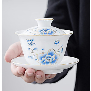 Emoyi White Gaiwan Teacup 4oz Lotus Chinese Kung Fu Sancai Tray Cup Tea Set Bowl Saucer with Lid