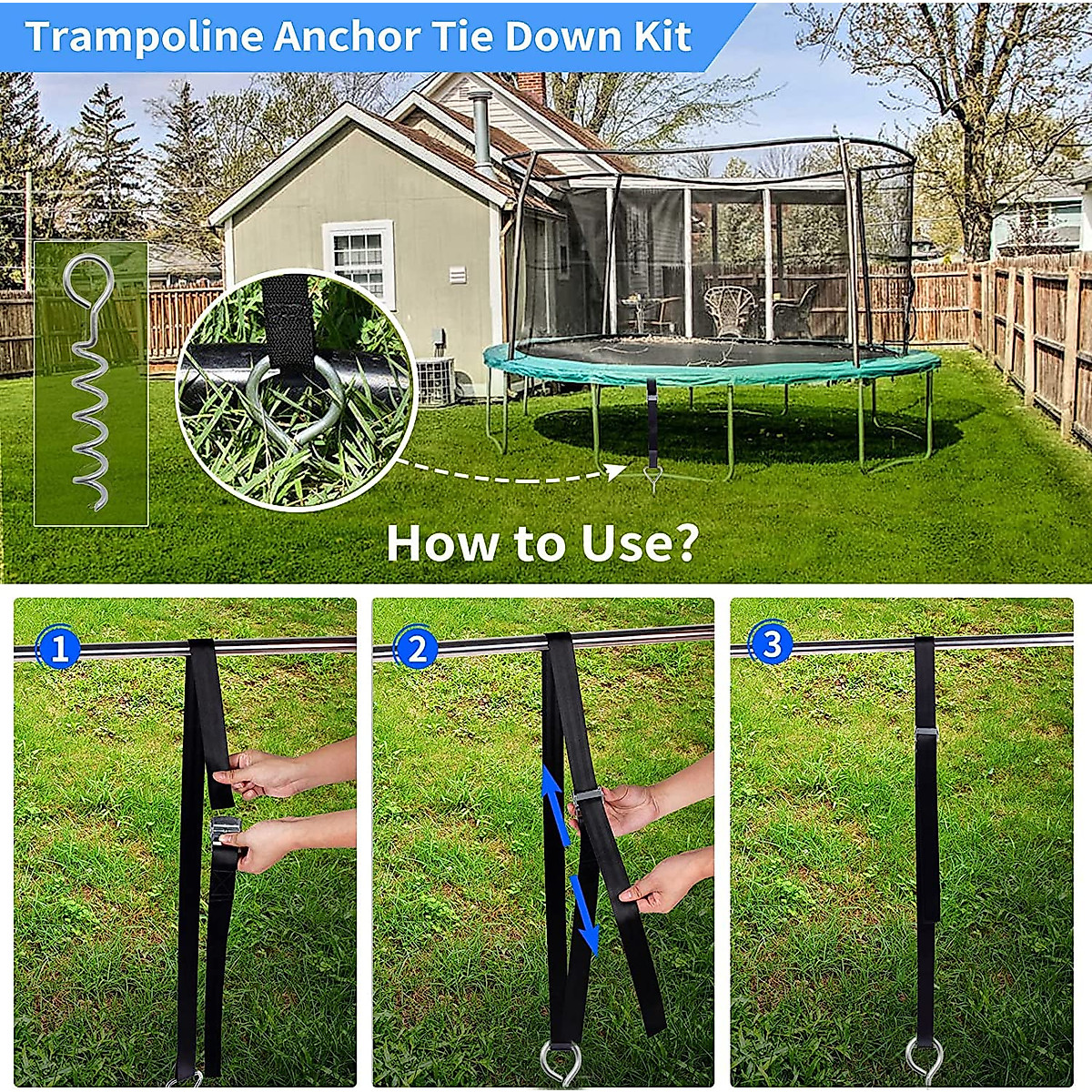4-Pc Pack Spiral Stakes Heavy Duty Anchor Kit for Trampoline Steel Stakes Anchor Kit for Trampolines, Tents, tarps, Canopies,car Ports,Dog tie Out and etc Bonus Tie Down Straps 4-Pc Pack(Silver)