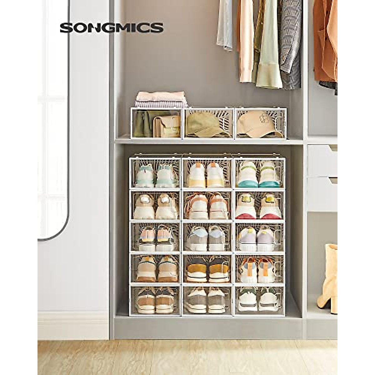 SONGMICS Clear Shoe Boxes, Set of 18 Stackable Plastic Shoe Organizer, Breathable and Foldable Display Storage Bins, for Max. US Size 11, Sneakers, Transparent and White ULSP106W18