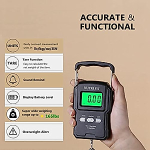 NUTRI FIT Luggage Weight Scale Fish Weighing Scales Digital Handheld Suitcase Weigher with Hook, 165lb/75kg with Measuring Tape for Travel, Fishing, Gifts