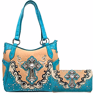 Zelris Western Silver Cross Turquoise Conceal Carry Women Tote Purse Wallet Set (Tan)