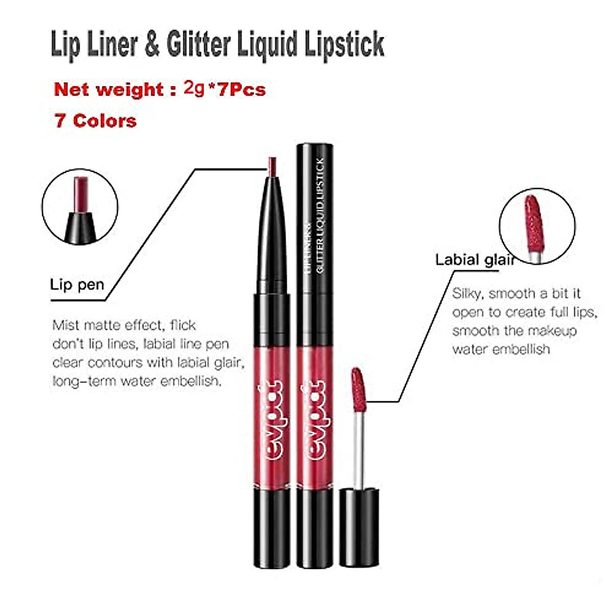 evpct 7Pcs Pink Red Glitter Matte Lip Liner and Liquid Lipstick Set Kit Long Lasting, Matte to Lip Glitter Metallic Dark Red Sparkle Sparkly Glossy Permanent Liquid Lipsticks Lip Gloss Set for Women