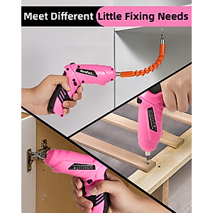 Durofort Pink Cordless Electric Screwdriver Set, 4.1V Rechargeable Small Electric Drill with 48pcs Driver Bit Set, Power 3Nm Screw Gun with 2 Position Handle, Flexible Shaft LED Light for Women