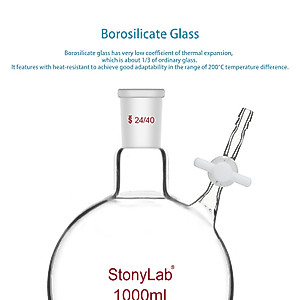 stonylab Reaction Flask, Borosilicate Glass Single-Neck Reaction Flask with 24/40 Joint and PTFE Stopcock Valve Round Bottom Flask, 1000 ml