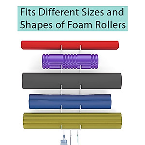 Wallniture Guru Foam Roller & Yoga Mat Holder Wall Mount with 3 Hooks for Hanging Yoga Strap, Resistance Bands, 5-Sectional Metal (White)