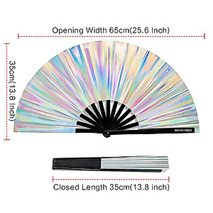 Ravevibes 13" Large Glitter Holographic Rave Hand Fan, Folding Lridescent Festival Edm Clack Fan Foldable for Rave Outfits Accessories Festival, Club, Party, Dance for Men Women, Holographic White
