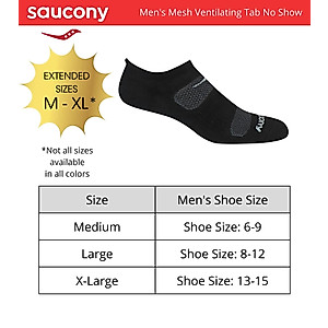 Saucony Men's Mesh Ventilating Comfort Fit Performance Tab Socks, 6/12, M-XL, Black (6 Pairs), Large