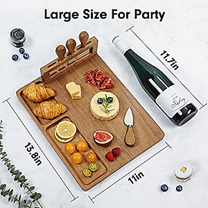 Easoger Acacia Cheese Board and Knife Set - 14” x 11” Large Charcuterie Boards Set, Cheese Tray Platter Servers with Magnetic Knife Holder, Gift for House Warming, Anniversary, Christmas, Thanksgiving