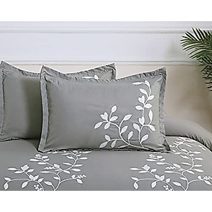Dykoos Embroidered Soft Brushed Microfiber Duvet Cover Set, Floral Branches, Gray and White, King Size with Zipper Closure and Corner Ties, 1 Duvet Cover and 2 Pillow Shams