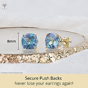 MAX + STONE 14k Yellow Gold 8mm Cushion Cut November Birthstone Mercury Mist Topaz Stud Earrings for Women
