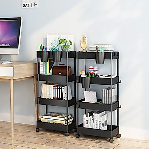 AIYAKA 4-Tier Rolling Utility Cart, with Wheels Multifunctional Storage Organizer, for Kitchen, Office, Home, School, Black