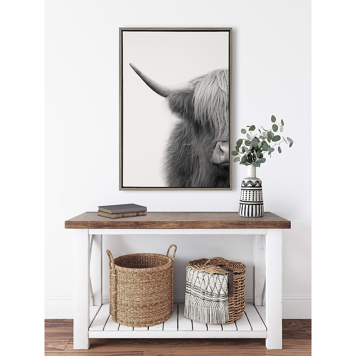 Kate and Laurel Sylvie Hey Dude Highland Cow Crop Linen Textured Framed Canvas Wall Art by The Creative Bunch Studio, 23x33 Gray, Chic Animal Art for Wall