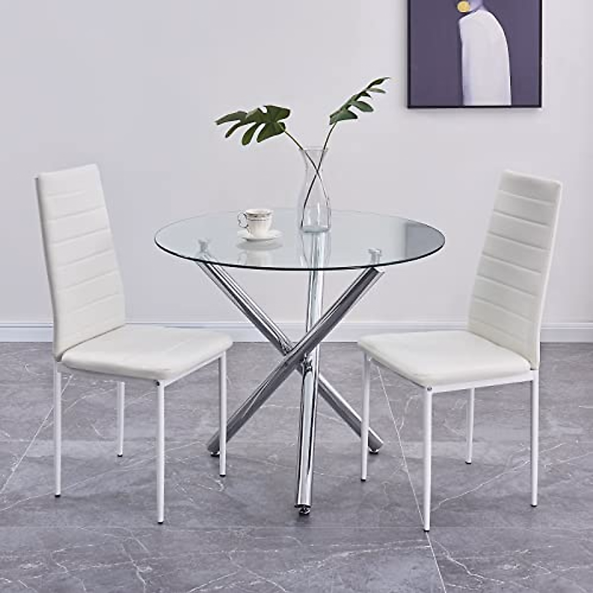ROOIOME Round Glass Dining Table Set 3 Pieces Dining Table Chair Set for Home Kitchen Round Tripod Chrome Legs Table with 2 PU Chairs, Contemporary Dining Room Furniture Set for Small Space