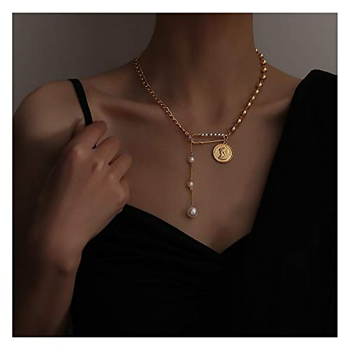 Y2K Necklace Coin Pendant Layered Necklace 18K Gold Plated Ball Splicing Chain Paper Clip Pearl Drop Fashion Y2k Choker Jewelry for Women Girl