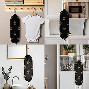 Plastic Bag Holder Golden Fleur De Lis Pattern Wall Mount Grocery Bag Holder Washable Plastic Bag Dispenser Garbage Bag Organizer for Home Kitchen Decor, Gifts for Women Mom Family Friends