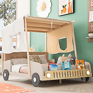 Merax Car Shaped Platform Bed for Kids Full Size, Solid Wood Bed Frame with Back Cushion & Ceiling Cloth, for Boys Girls Teens, Natural