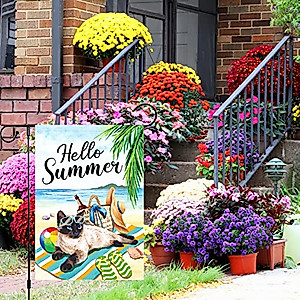 Louise Maelys Hello Summer Garden Flags 12x18 Double Sided, Burlap Welcome Summer Beach Cat Garden Yard House Flag Banner Vertical for Outside Seasonal Outdoor Decoration (ONLY FLAG)