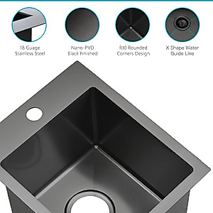 13 Black Drop In Kitchen Bar Sink, ZDHHT 13 x 15 Inches 304 Stainless Steel Topmount Single Bowl Small Kitchen Bar Sink Laundry Sink Outdoor Sink RV Sink